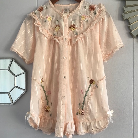 Vintage | Tops | Vintage Pale Pink Blouse Embroidered Ribbon Ruffle ...